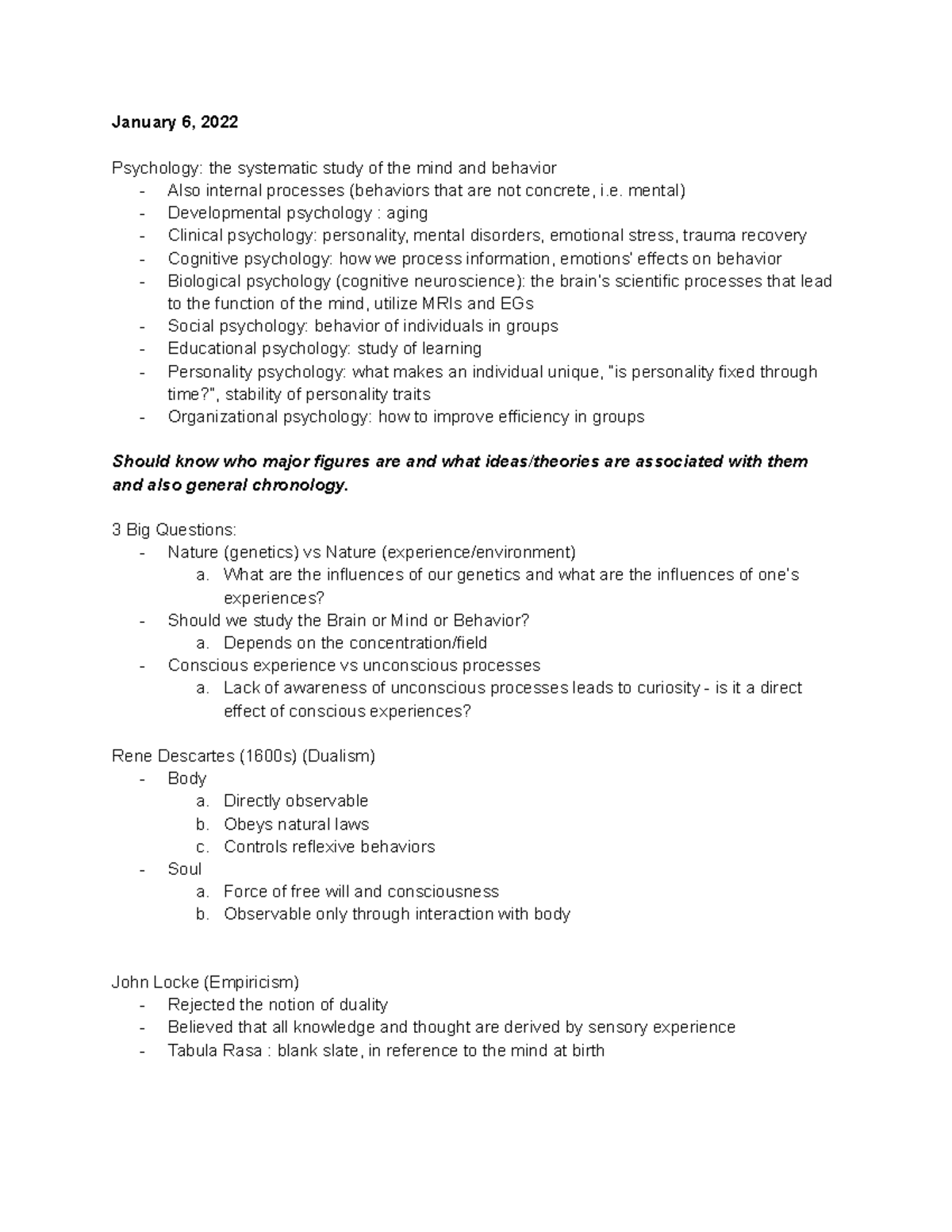 Psych 111 notes - January 6, 2022 Psychology: the systematic study of ...