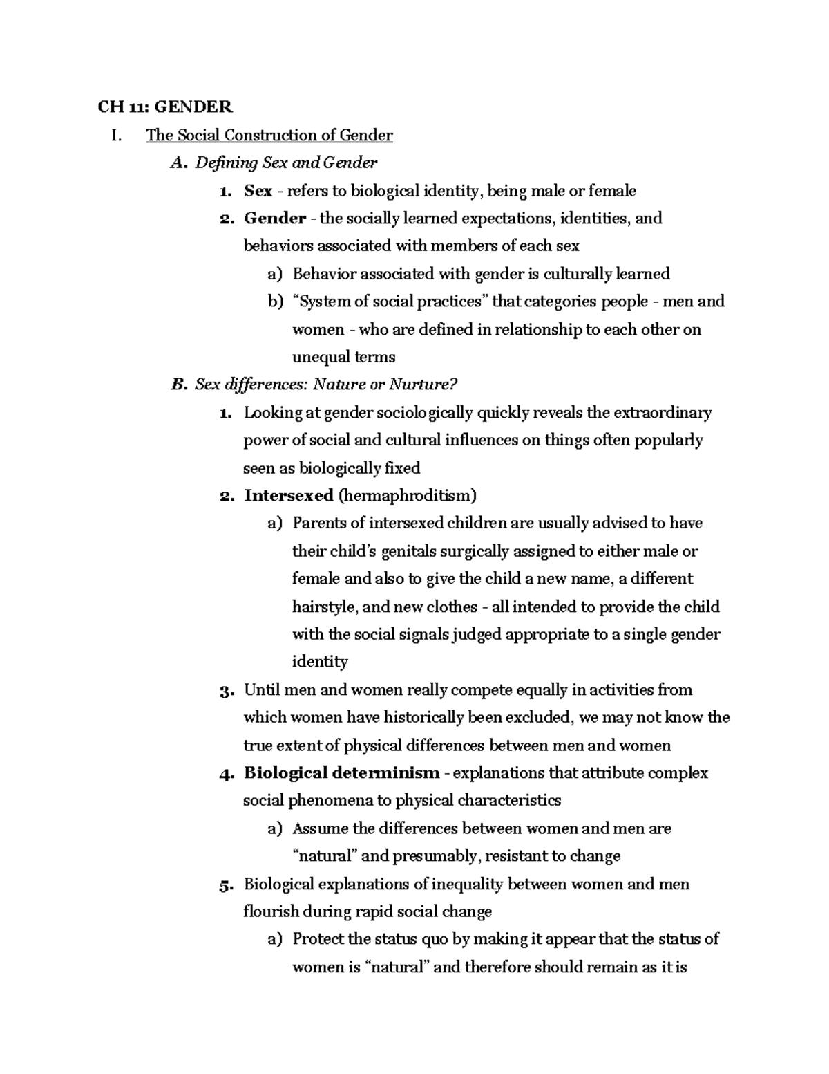 CH 11 Gender - Summary Sociology: the Essentials - CH 11: GENDER I. The ...