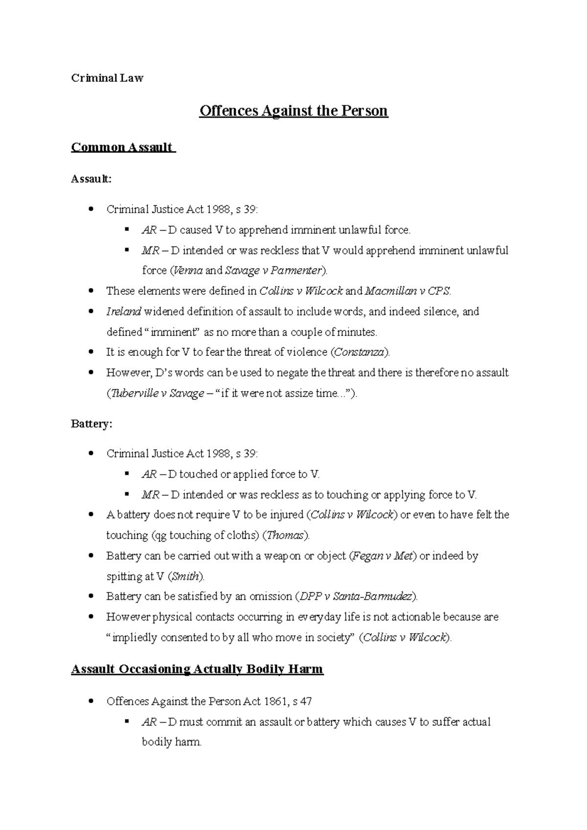 Offences Against the Person - Criminal Law Offences Against the Person ...