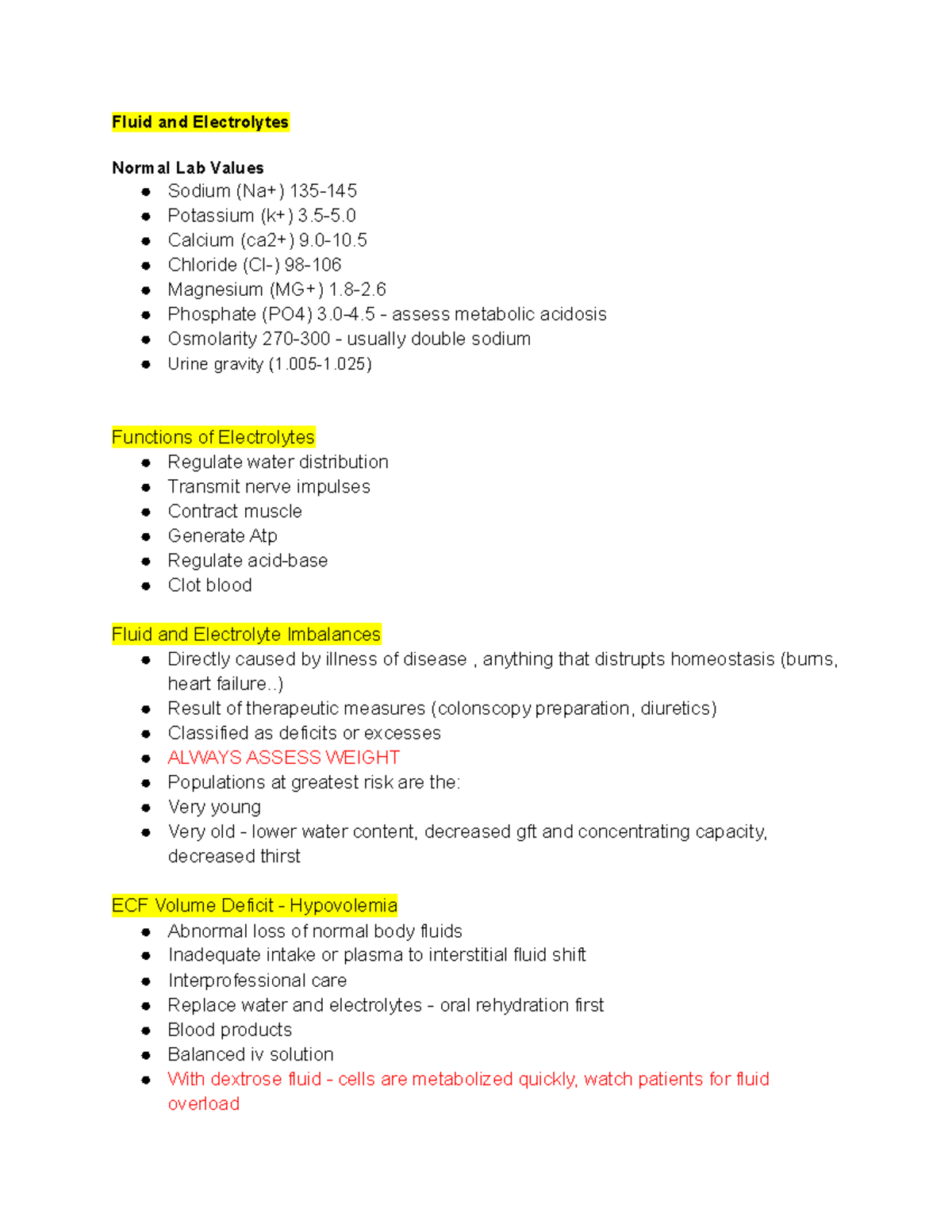 fluid and electrolytes notes - Fluid and Electrolytes Normal Lab Values ...