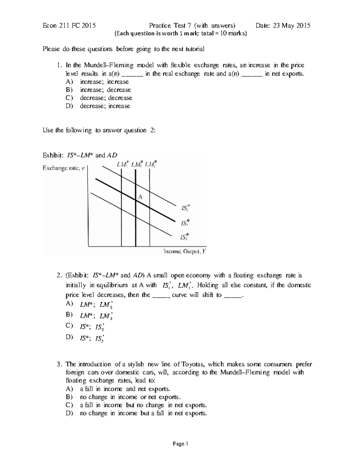 Practice Test 7 with Answers Econ 211 FC 2015 Practice Test 7 with