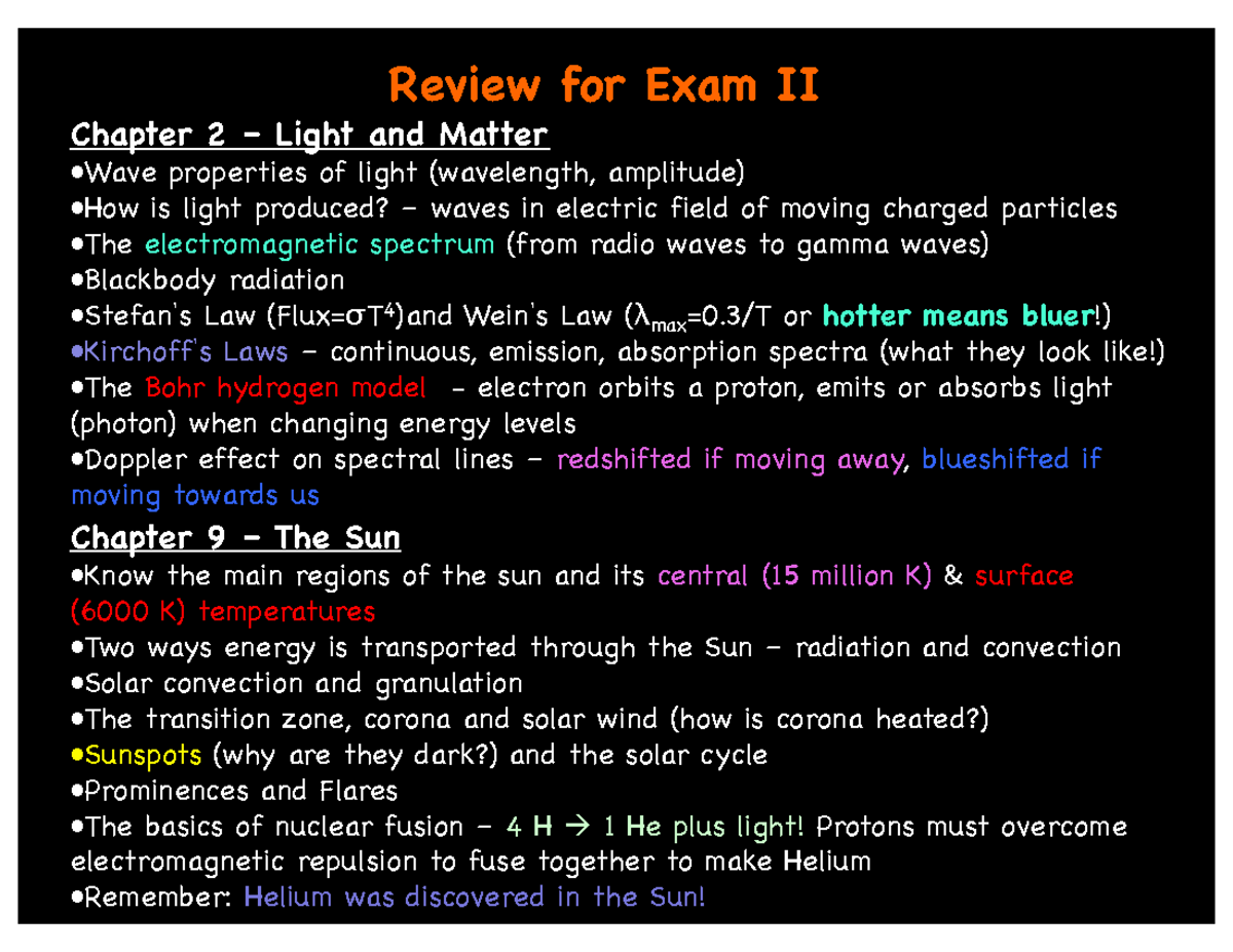 Test2review - review - Review for Exam II Chapter 2 – Light and Matter ...