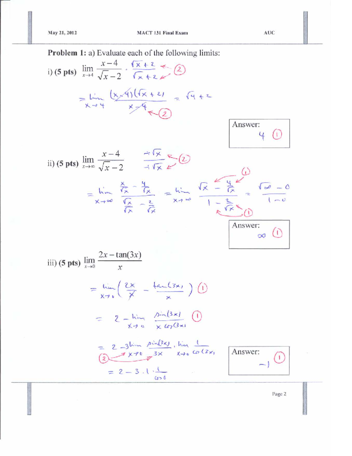 Solution of Mact 131, Spring 2012 , Final - Calculus I - Studocu