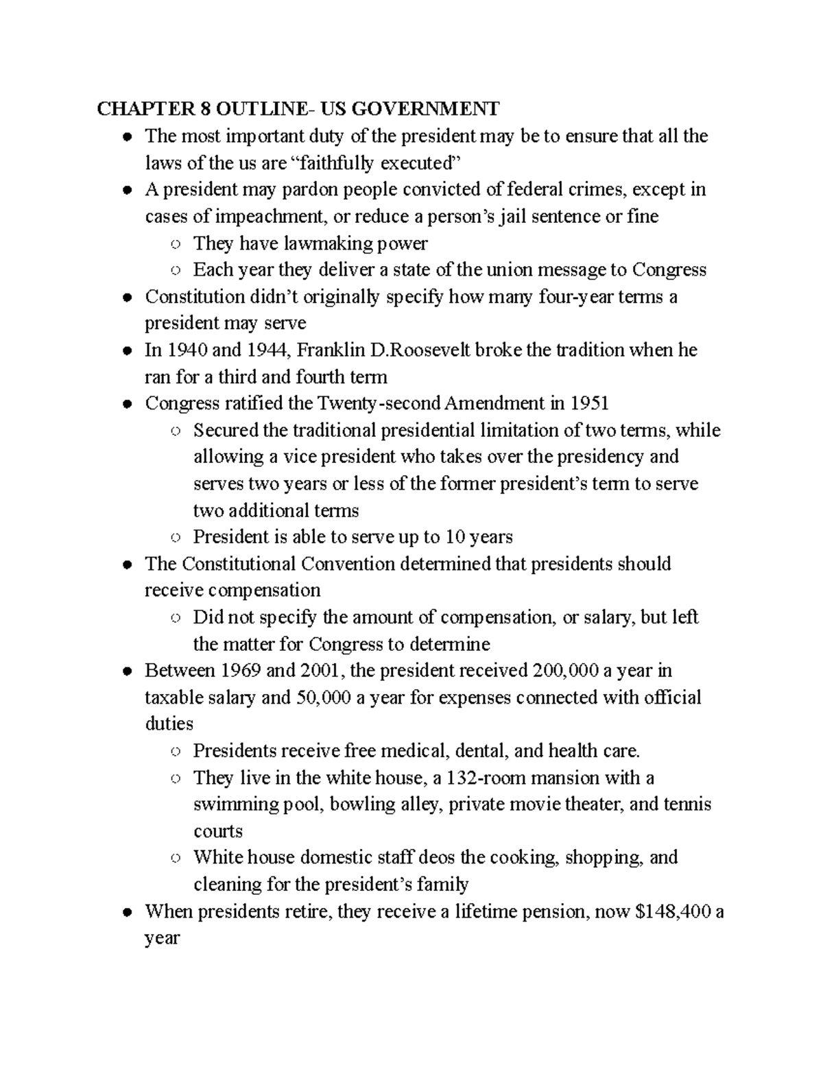 Chapter 8 outline - CHAPTER 8 OUTLINE- US GOVERNMENT The most important duty of the president ...