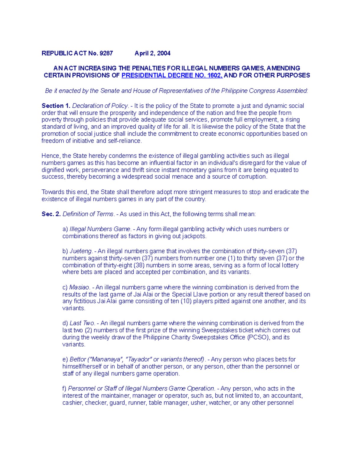 Republic ACT No. 9287 Illegal Number Games - REPUBLIC ACT No. 9287 ...