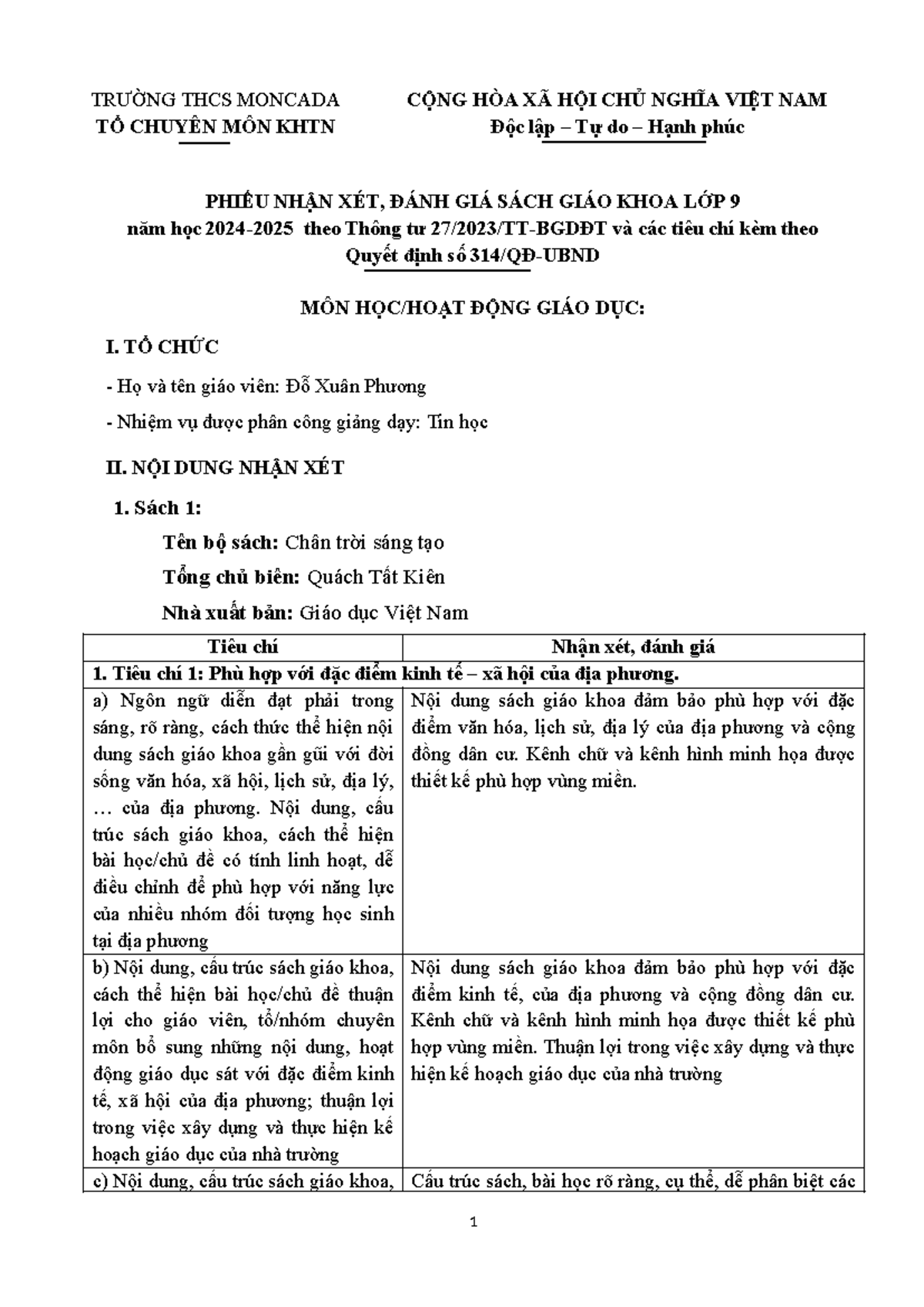 Phiếu nhận xét- đánh giá SGK tin hoc lớp 9 24-25 - TRƯỜNG THCS MONCADA ...