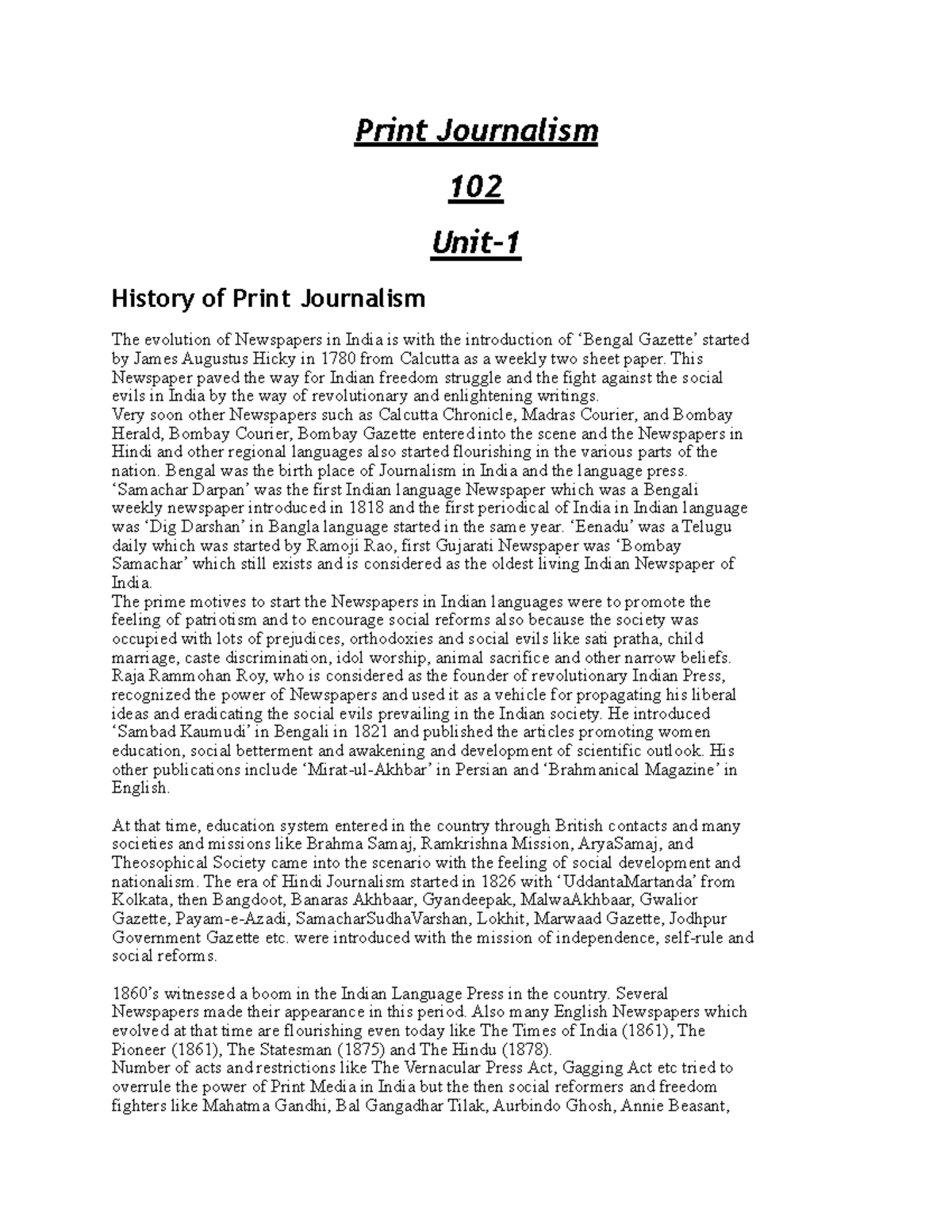 Print Journalism Notes - Print Journalism 102 Unit- History of Print ...