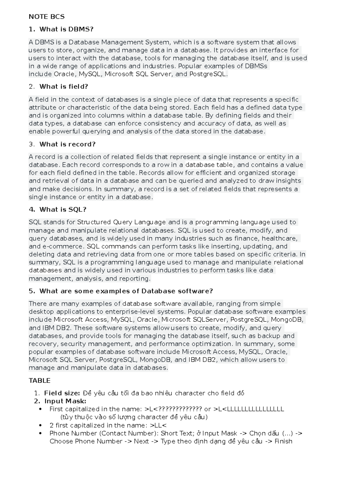 NOTE BCS - aaa - NOTE BCS What is DBMS? A DBMS is a Database Management System, which is a ...