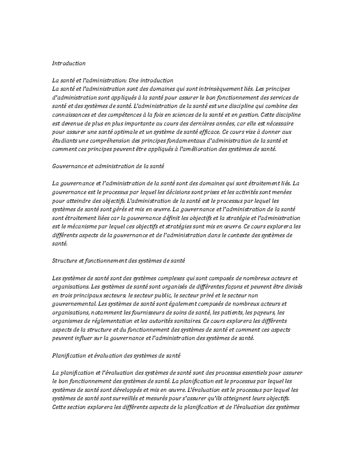 Health Administration Study Notes - Introduction La santé et l ...