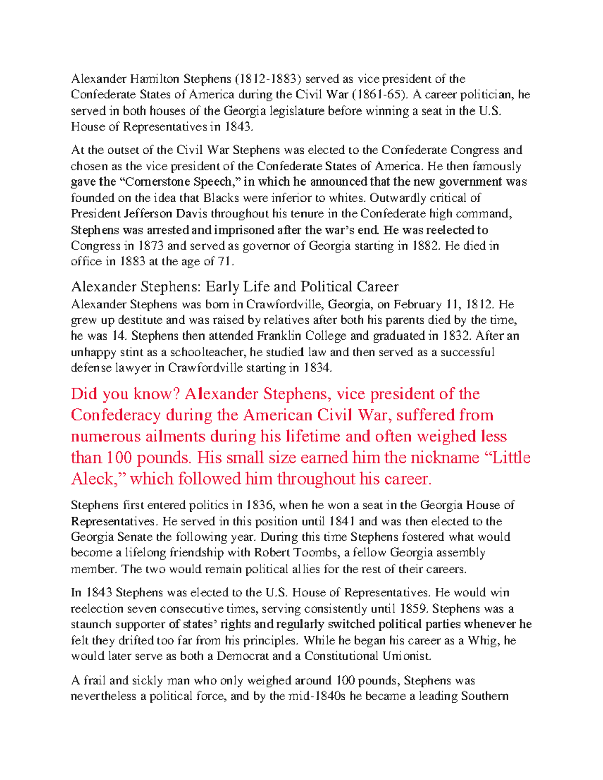 Alexander H Stephens Notes - Alexander Hamilton Stephens (1812-1883 ...