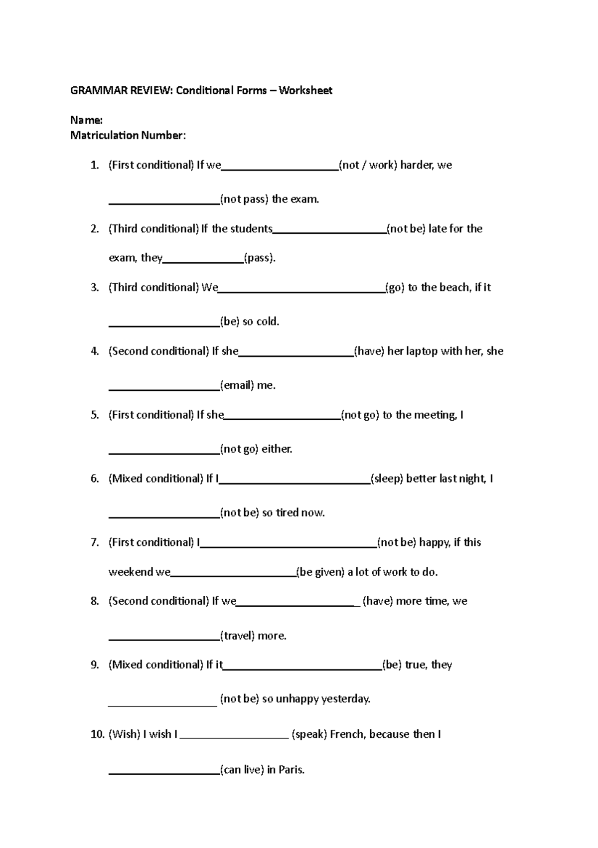 Conditional Forms Worksheet - GRAMMAR REVIEW: Conditional Forms ...