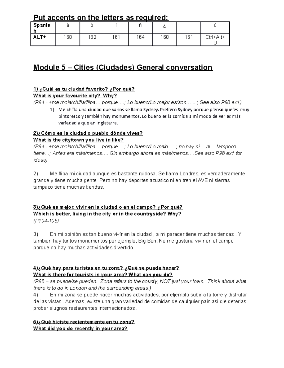 Mod 5 conversation questions - Put accents on the letters as required ...