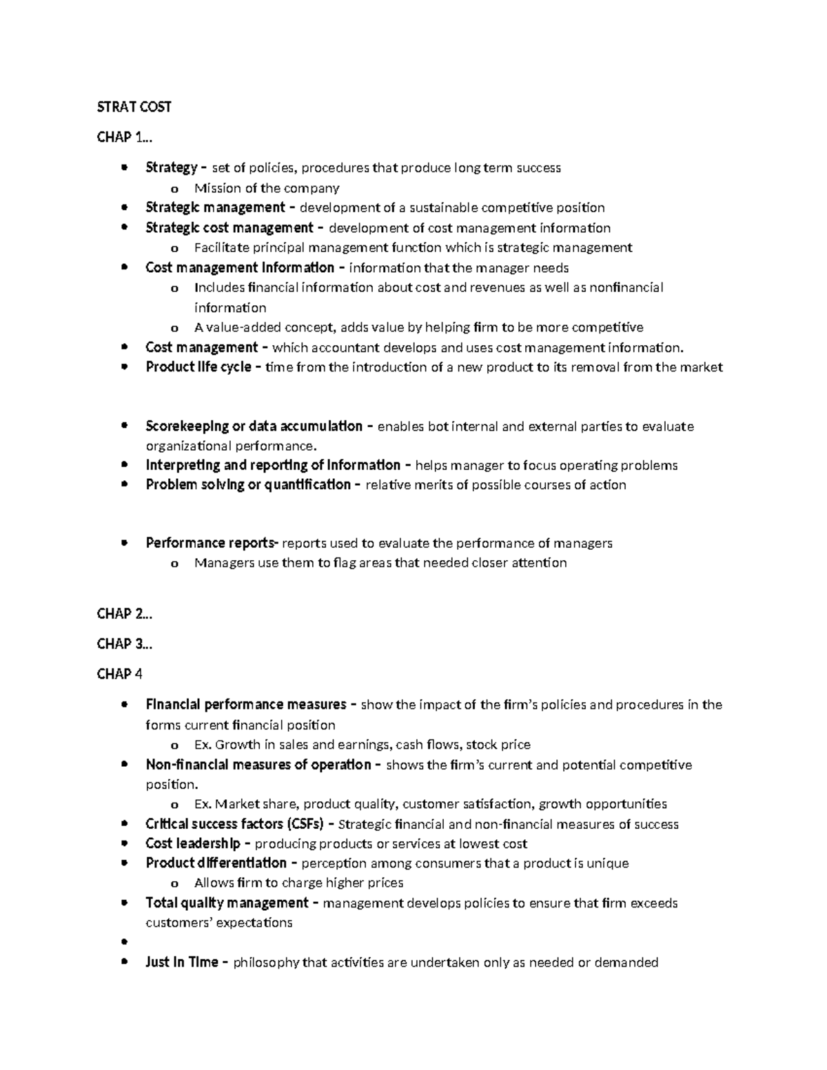 Strat COST chap 1-5 - STRAT COST CHAP 1... Strategy – set of policies, procedures that produce ...