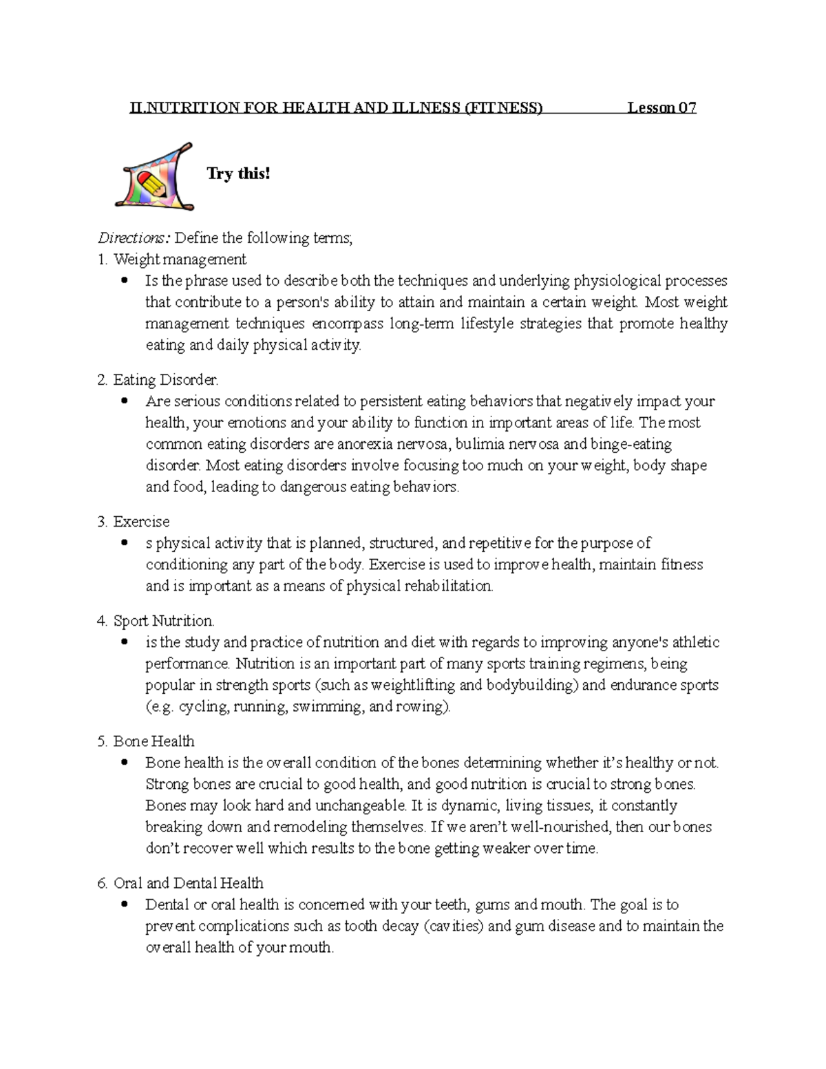 Nutrition and Diet Therapy LESSON 7 to 9: NUTRITION FOR HEALTH AND ...