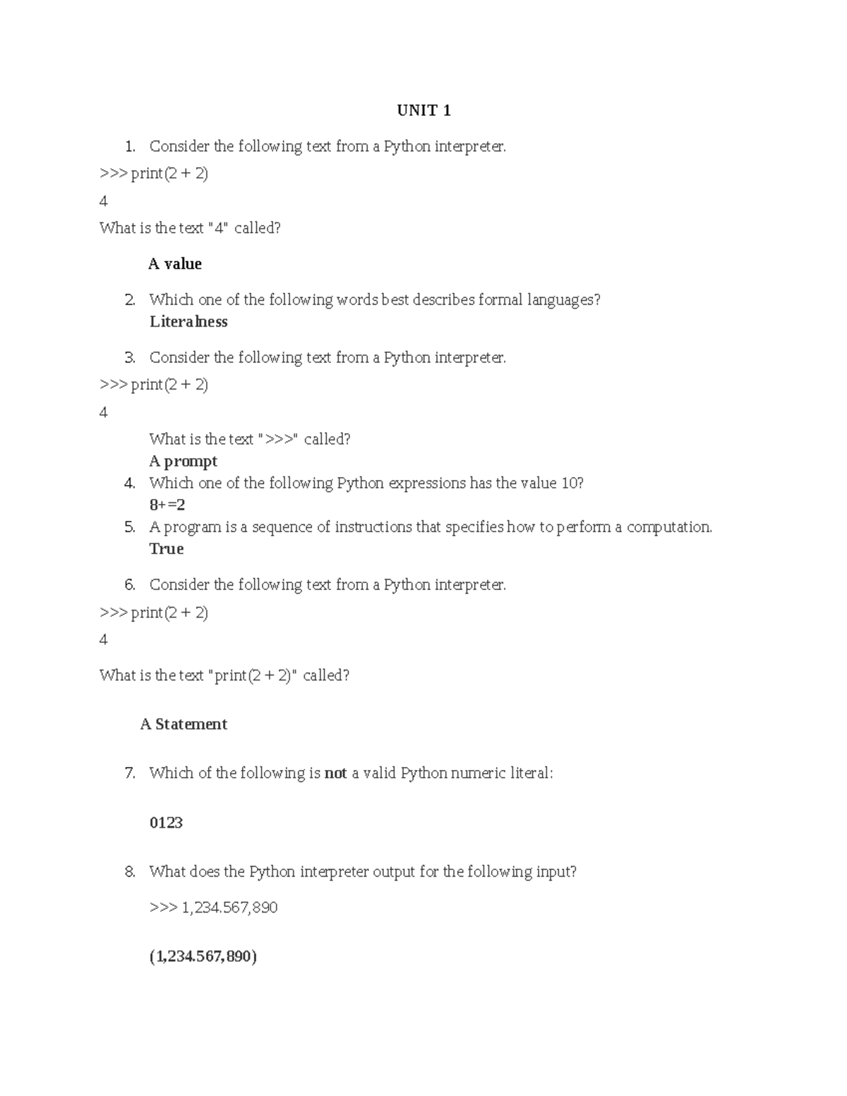 UNIT 1(from web) - UNIT 1 Consider the following text from a Python ...