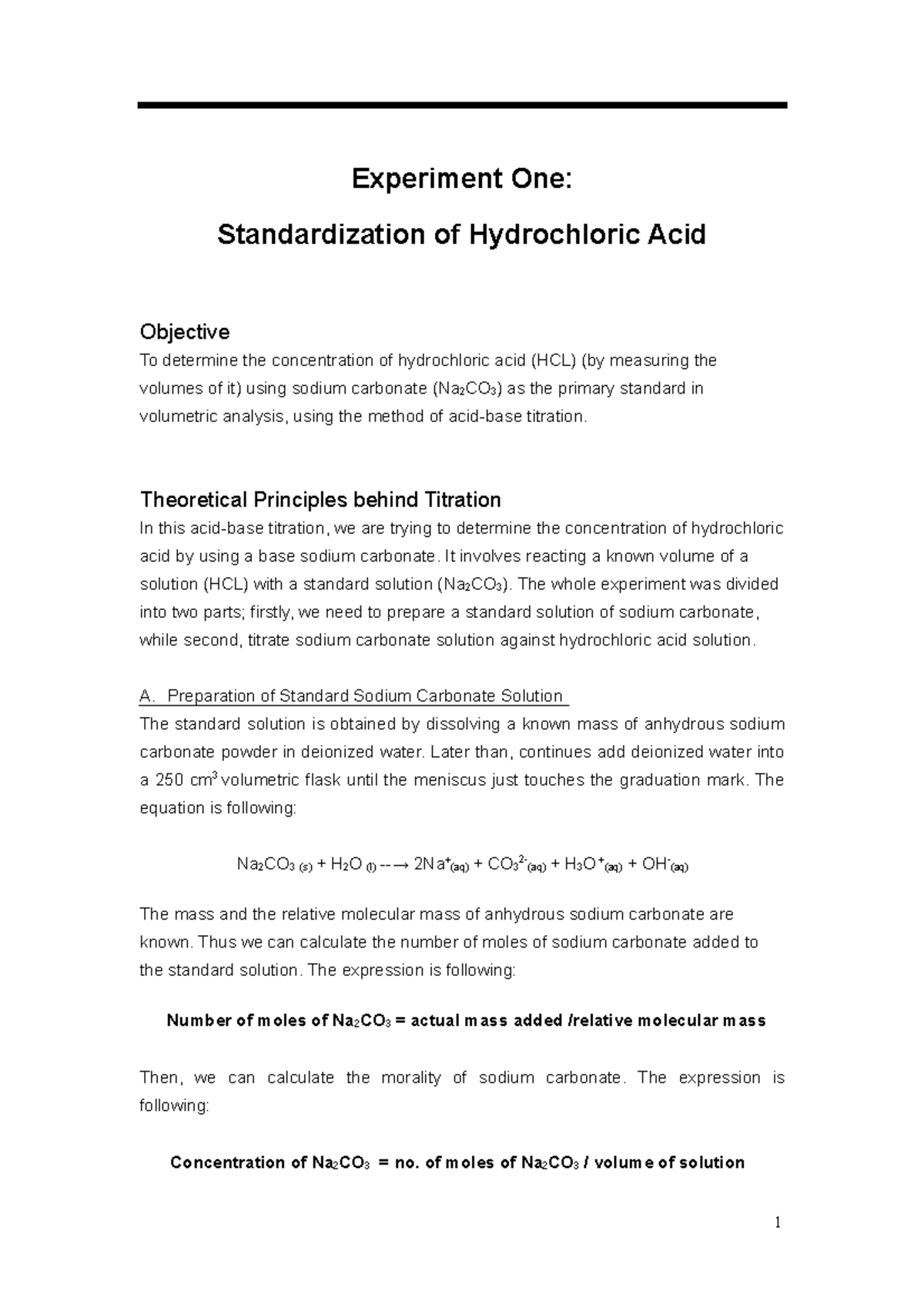 53672613 Standardization of Hydrochloric Acid - Experiment One ...