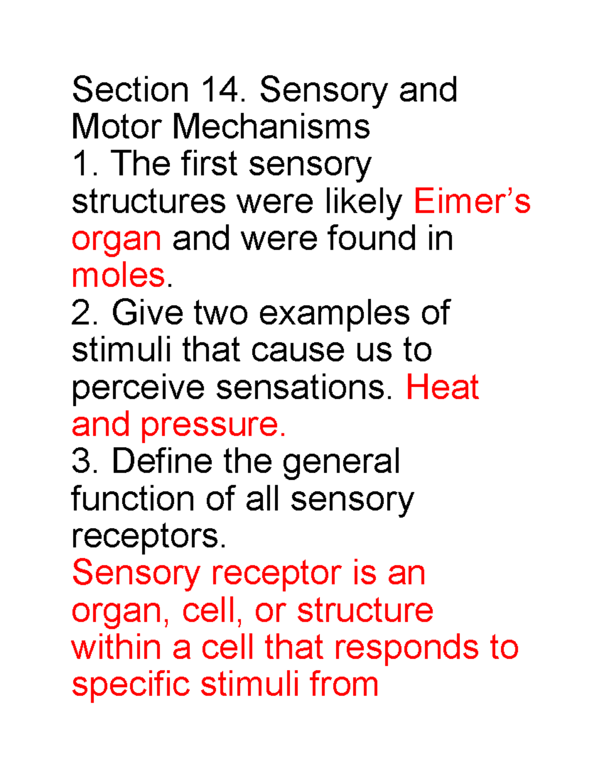 Practice questions with answers - Section 14. Sensory and Motor ...