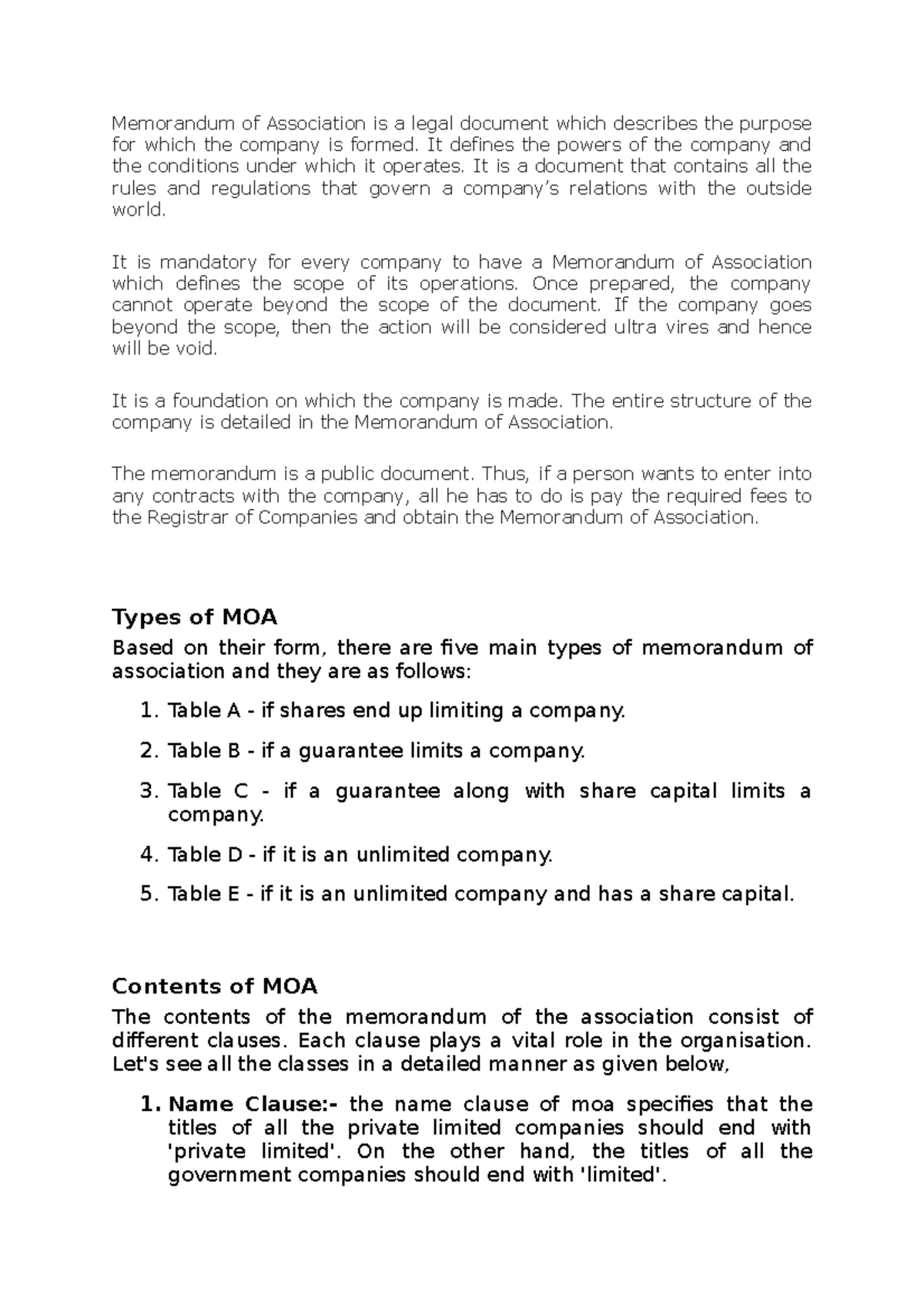 Company Law - llb - Memorandum of Association is a legal document which ...