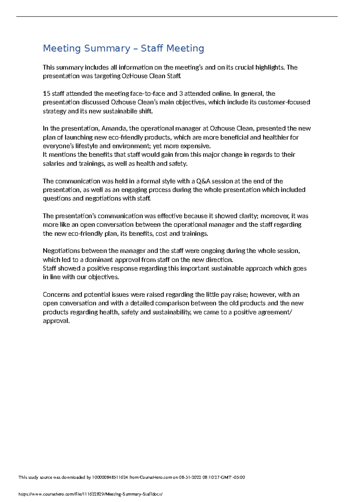 Meeting Summary Staff - The document details the information on the ...