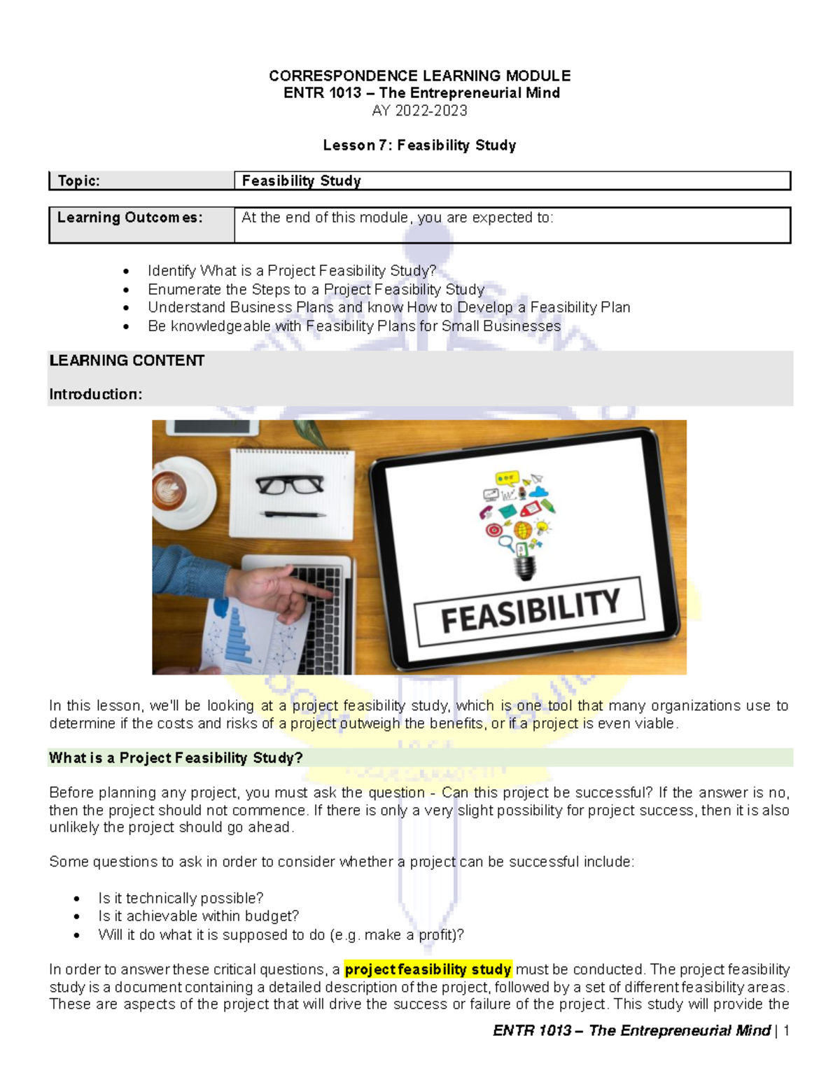 ENTP MID 2 - SAS DDA - CORRESPONDENCE LEARNING MODULE ENTR 1013 – The Entrepreneurial Mind AY ...