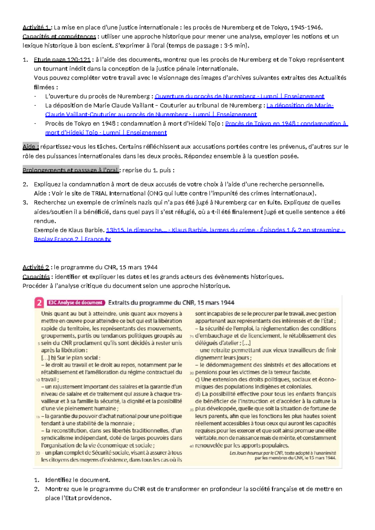 TH2 acti énoncé - activité sur le THEME 2 d'histoire, avec liens et documents - Activité 1 : La ...