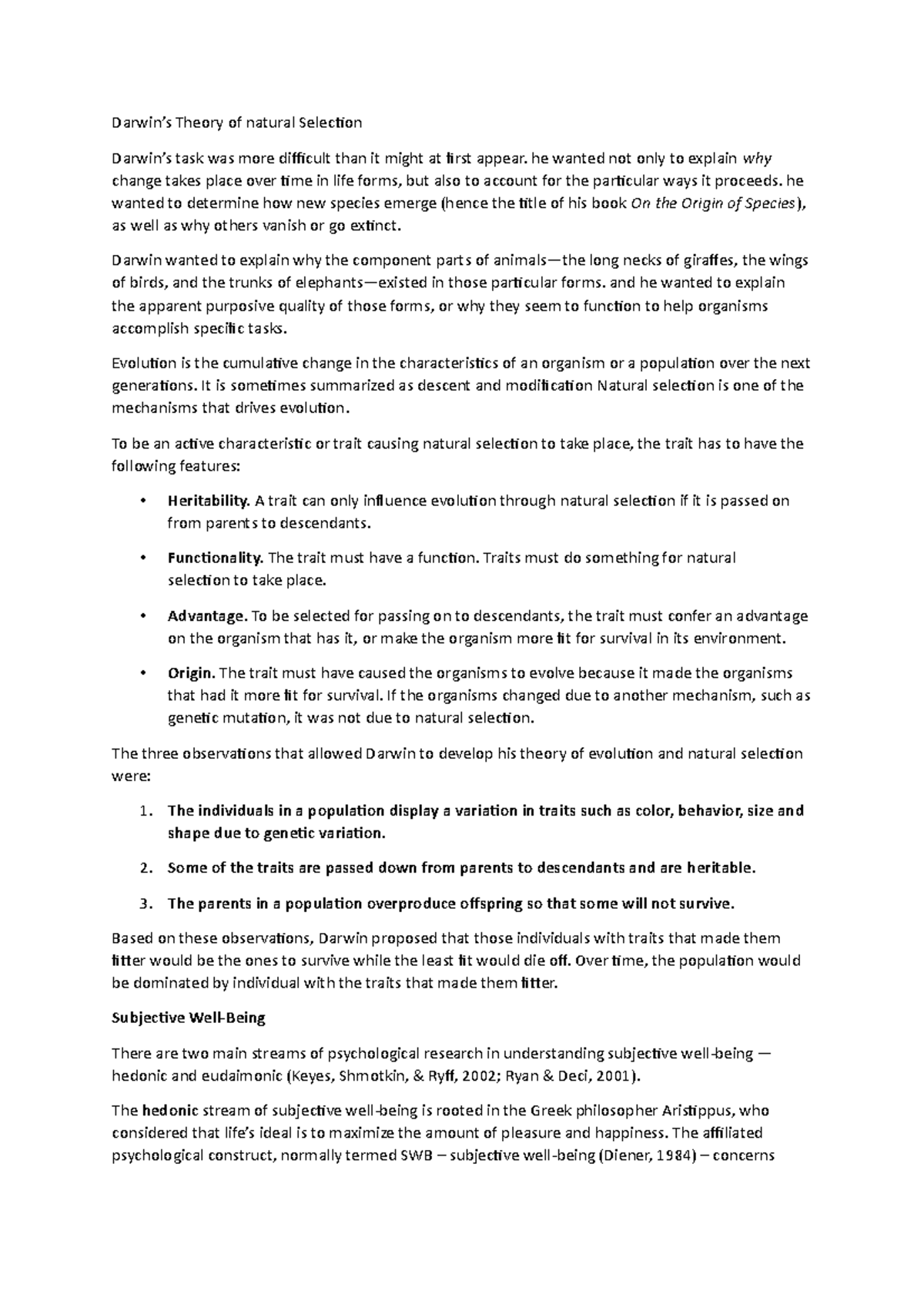 Darwin - notes - Darwin’s Theory of natural Selection Darwin’s task was ...