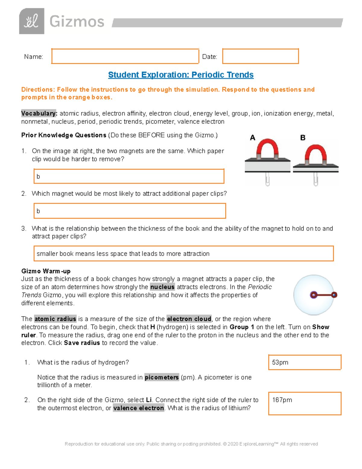 Carli Ireland - Periodic Table Trends Gizmo - 15311118 - Name: Date ...