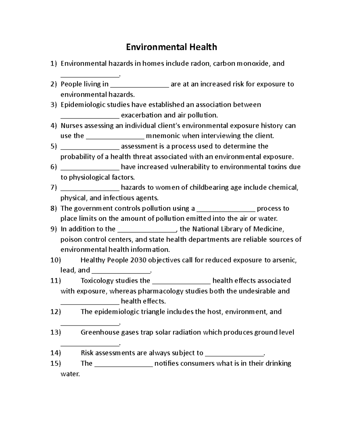 Environmental Health Fill In the Blank - Environmental Health ...