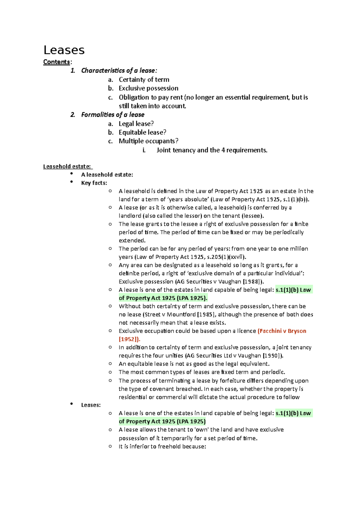 Leases - Summary - Leases Contents : 1. Characterisics of a lease: a ...