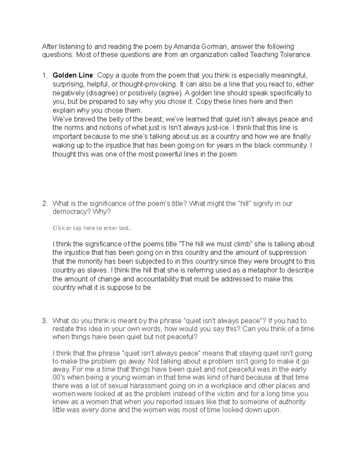 Questions on Amanda Gorman Poem - After listening to and reading the ...