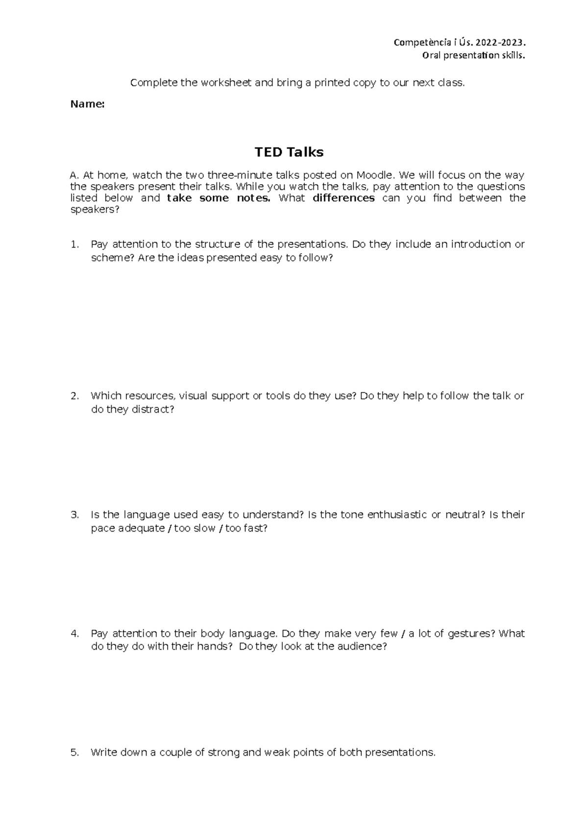 Three-minute Ted Talks - Worksheet - Competència i Ús. 2022-2023. Oral ...