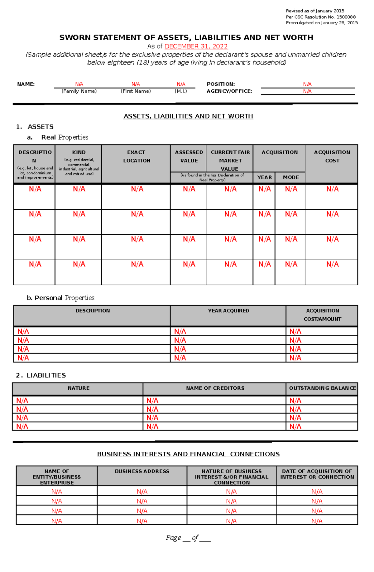 2015 SALN Additional Sheets - Revised as of January 2015 Per CSC Resolution No. 1500088 ...