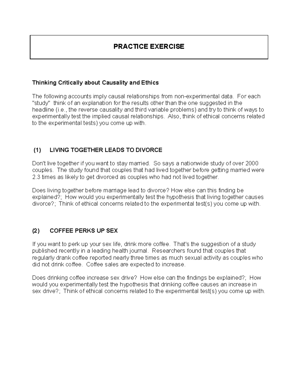 Causality and Correlation Practice Exercises - PRACTICE EXERCISE ...