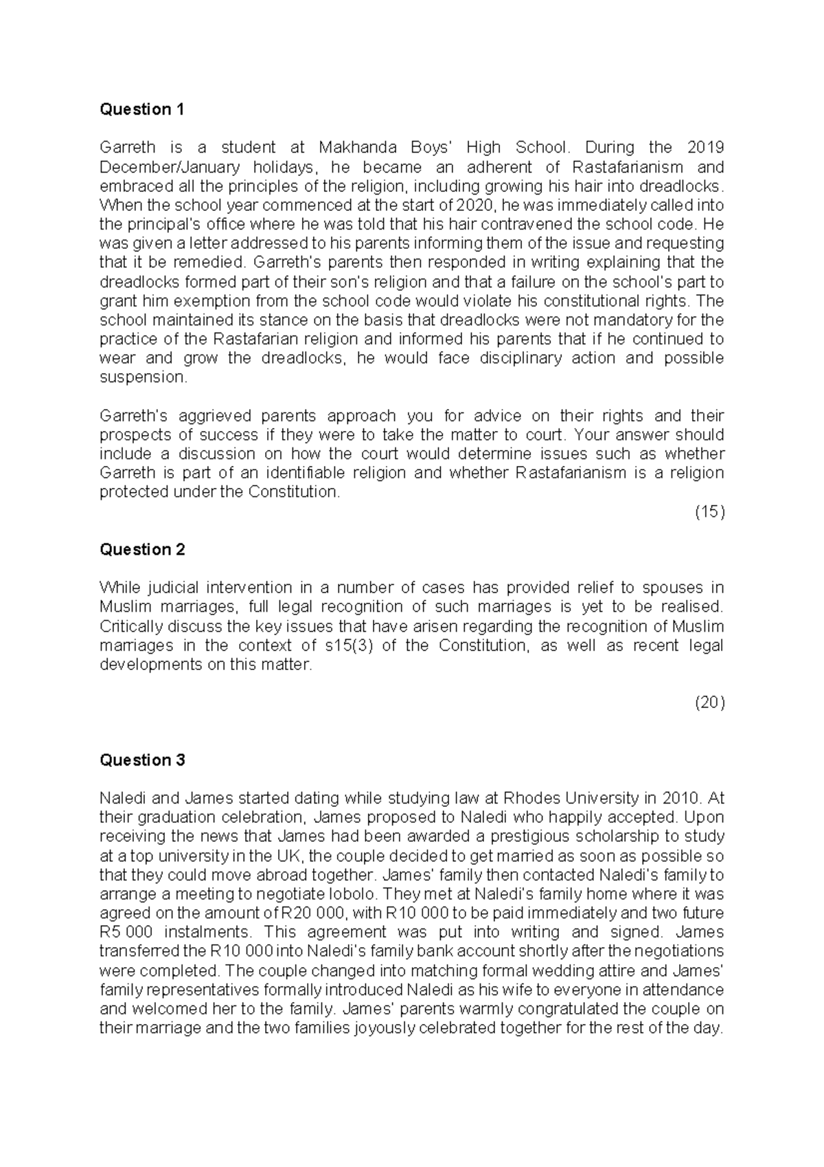 202011 Law Legal Pluralism Nov 2020 - Question 1 Garreth is a student at Makhanda Boys’ High ...