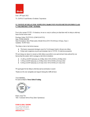 Supply Constraints Customer Letter - July 16, 2021 Dear Customer: Itron ...