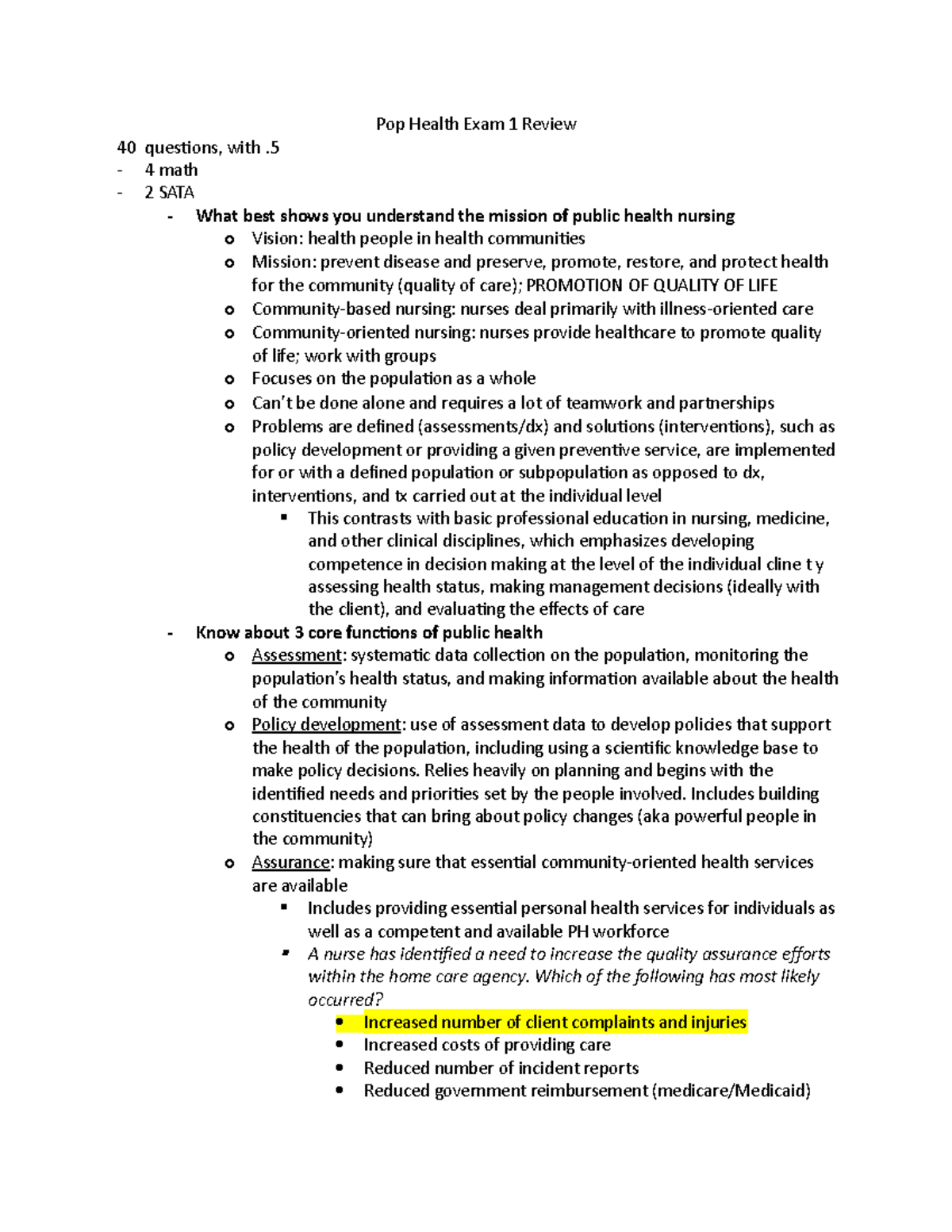 Pop Health Exam 1 Review - Pop Health Exam 1 Review 40 questions, with ...
