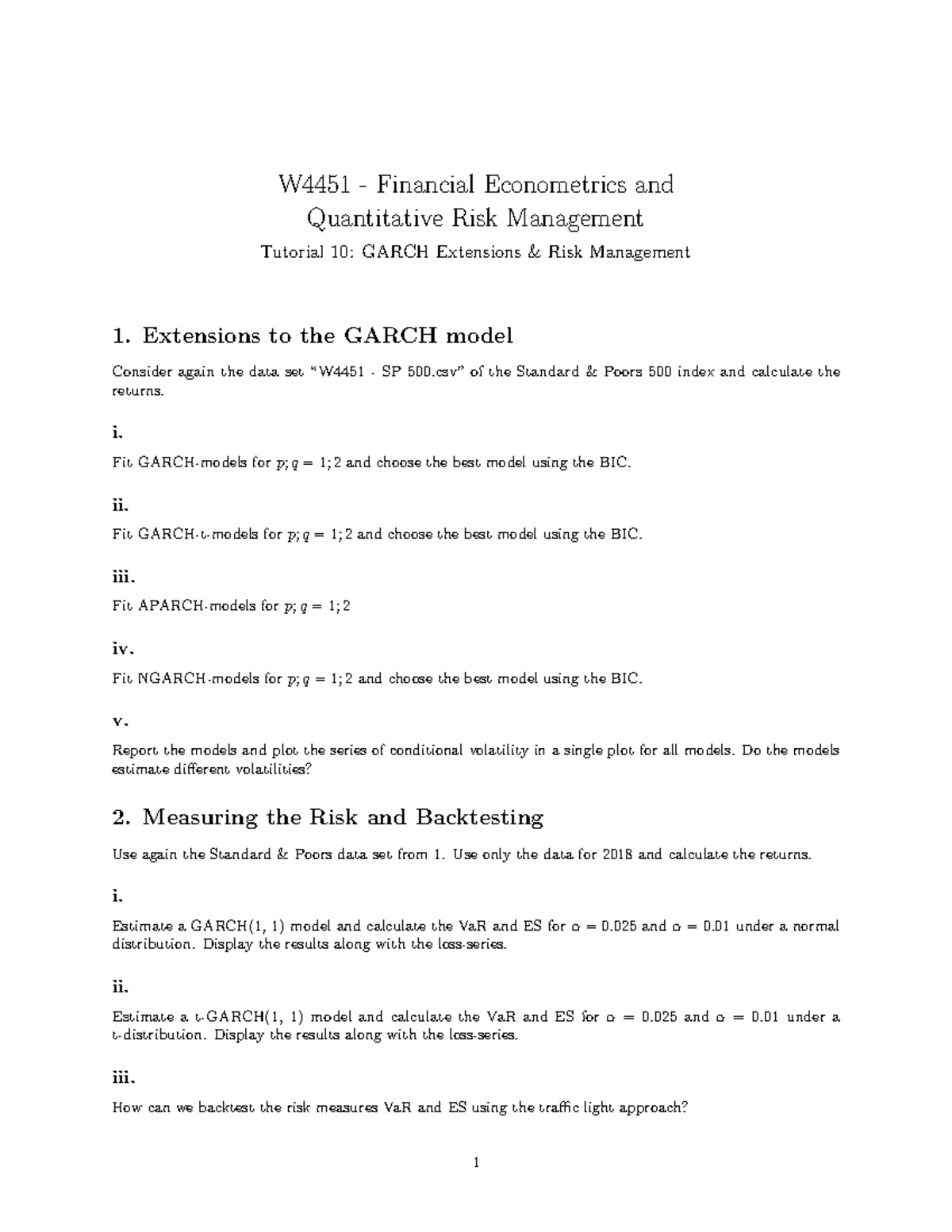 W4451 - Tutorial-10 - Sommersemester - W4451 - Financial Econometrics ...