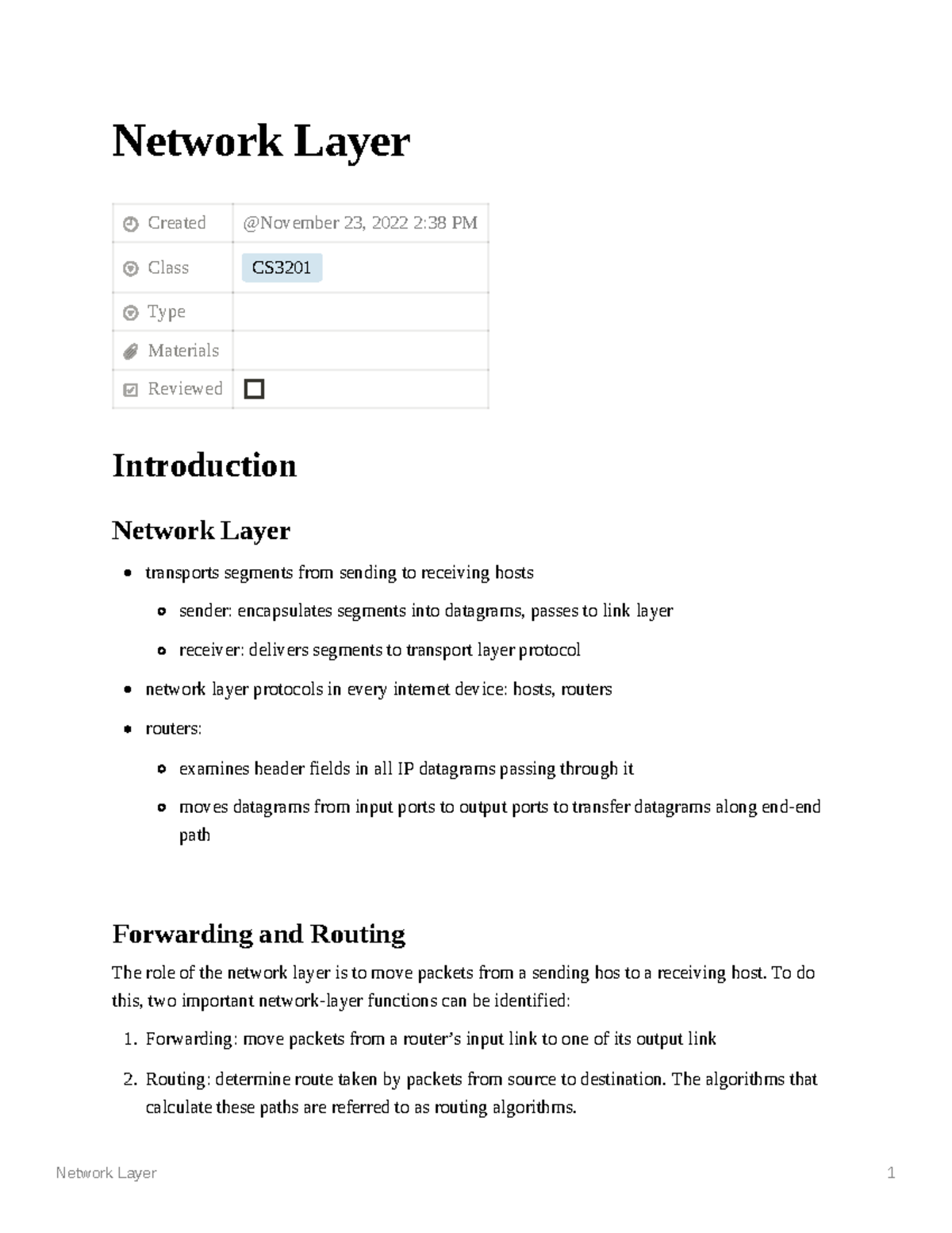 Network Layer Personal - Network Layer Created Class CS Type Materials Reviewed Introduction ...