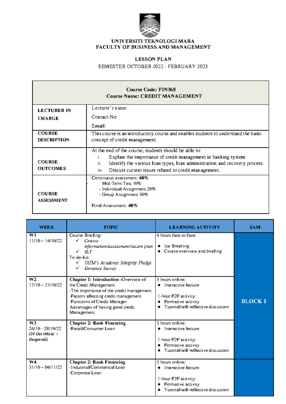 Lesson Plan FIN368 - Oct'22 - Feb'23 - UNIVERSITI TEKNOLOGI MARA ...