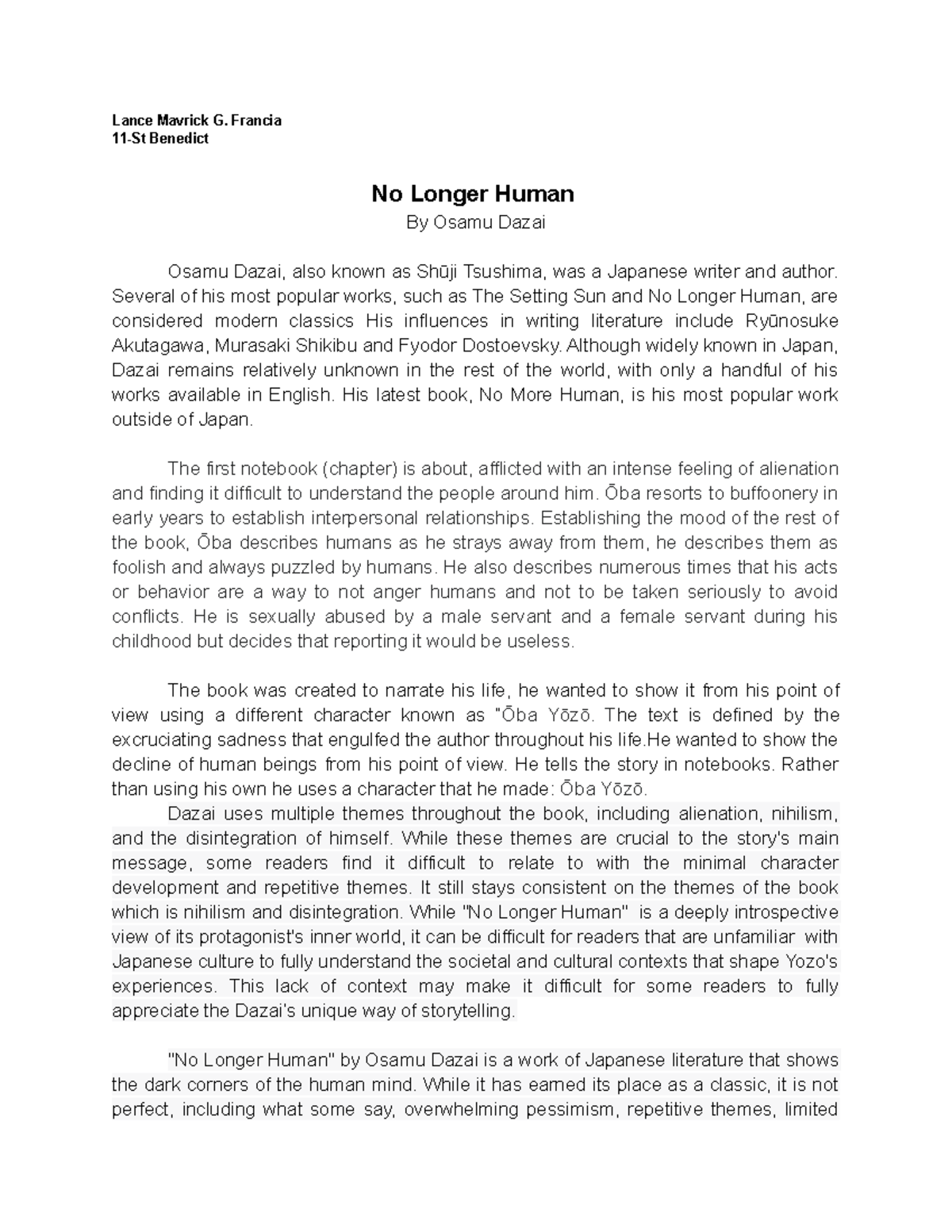 No Longer Human Text review - Lance Mavrick G. Francia 11-St Benedict ...