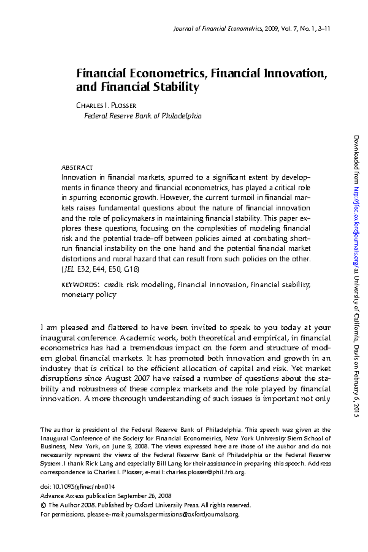 Financial Econometrics, Financial Innovation,and Financial Stability ...