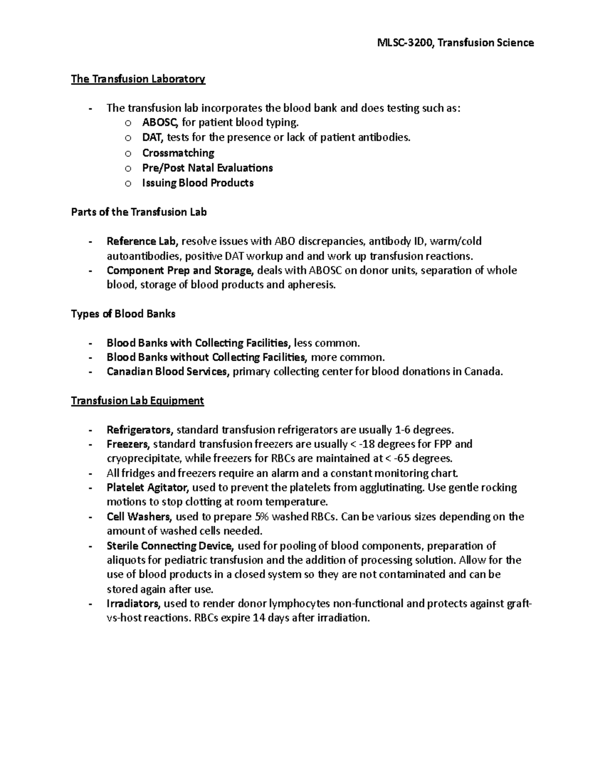 Intro to Transfusion Science - MLSC-3200, Transfusion Science The ...