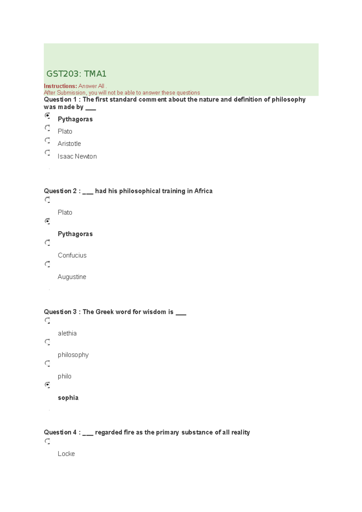 TMA Introduction to Philosophy National Open University - GST203: TMA ...