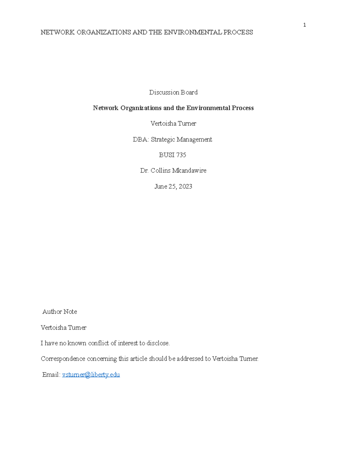 Network Organizations and the Environmental Process - NETWORK ...