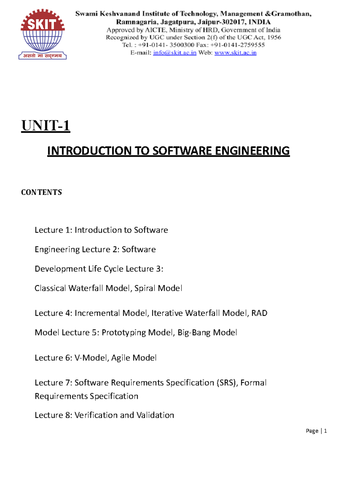 SE Notes(1-2 Unit) - Notes for SE subject of ch 1 and 2 - UNIT ...