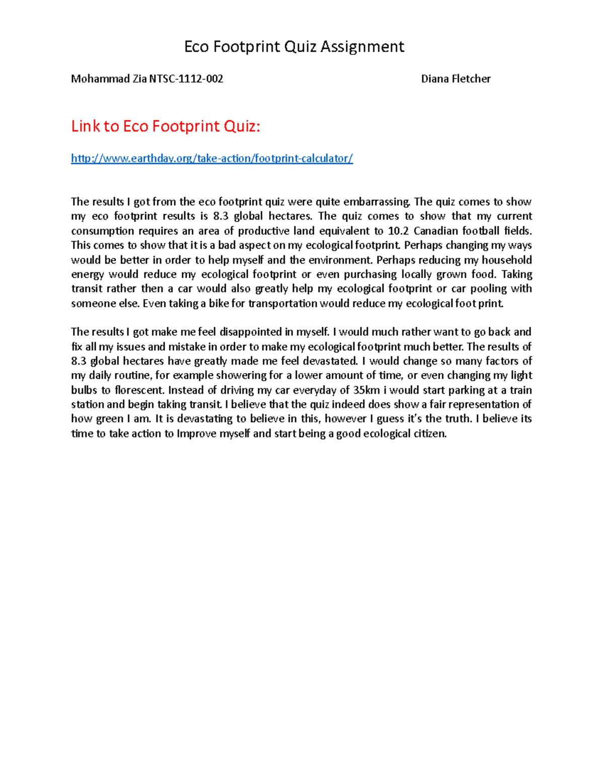 Ecological Footprint Quiz, Assignment 1 - Eco Footprint Quiz Assignment ...