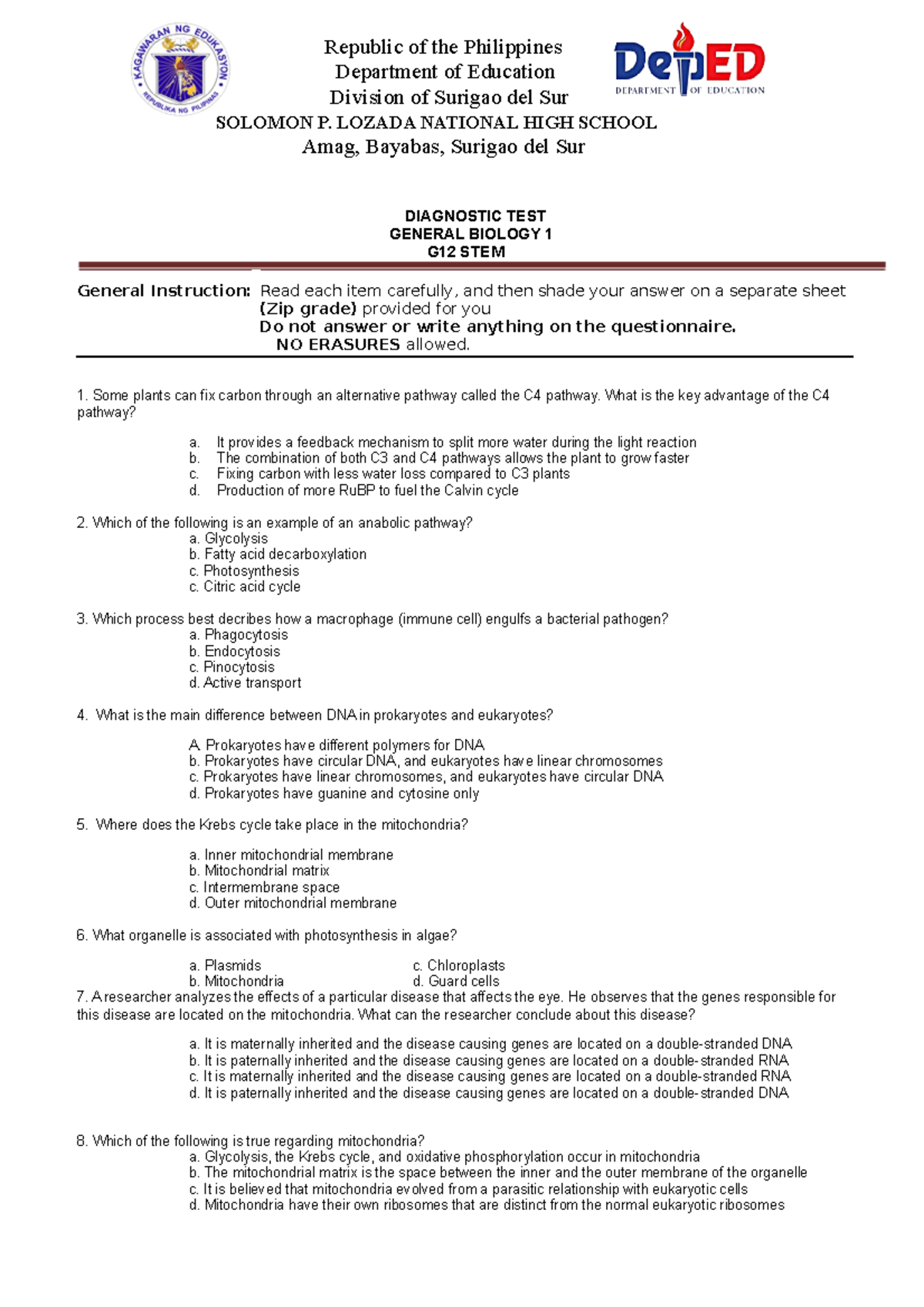 Final diagnostic general biology - Republic of the Philippines ...