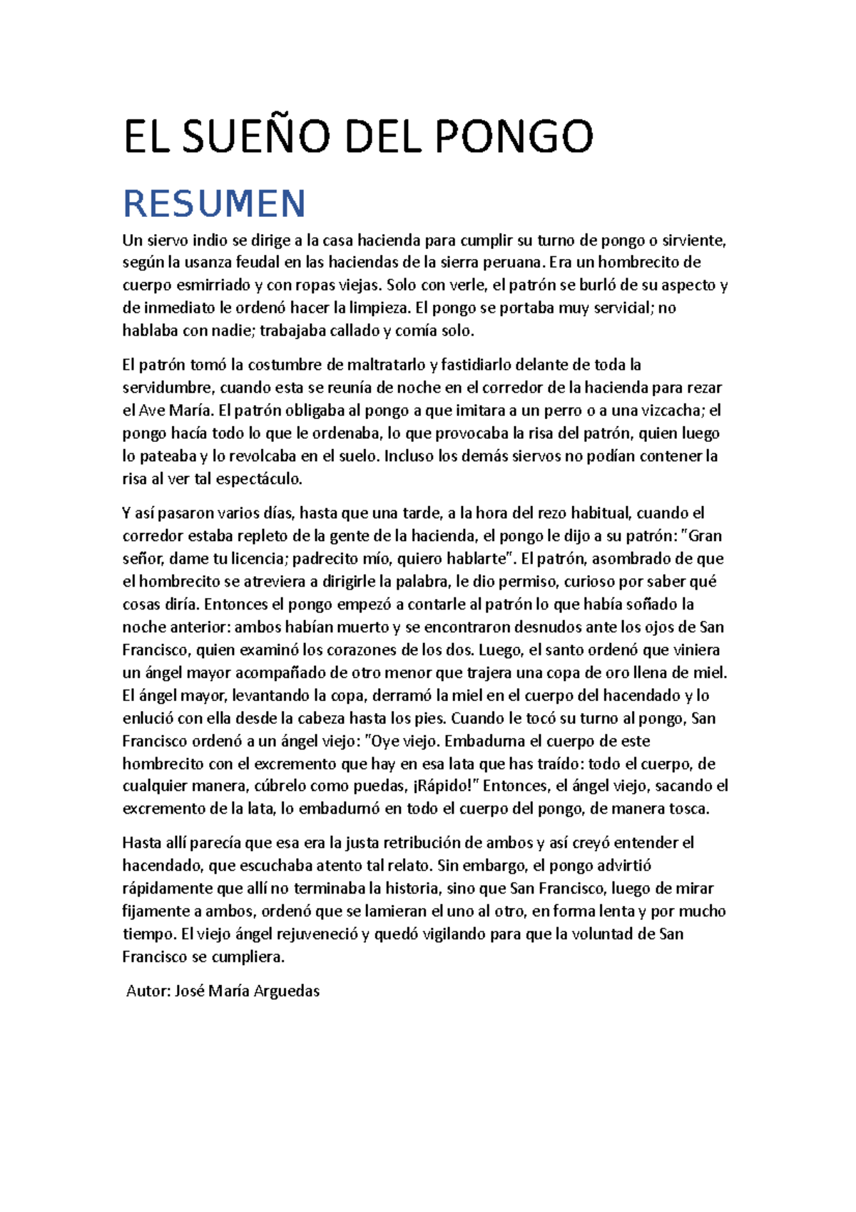 EL Sueño DEL Pongo - Espero que te ayude - EL SUEÑO DEL PONGO RESUMEN ...