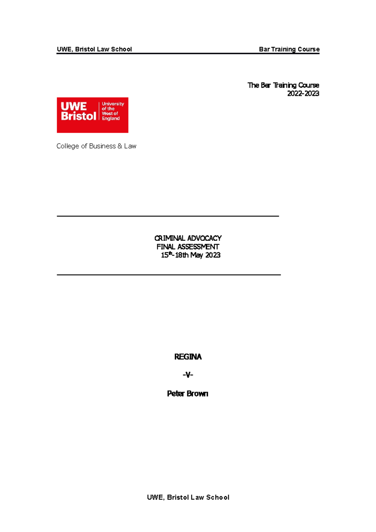 1. Brief Final R v Brown F2 - UWE, Bristol Law School Bar Training ...