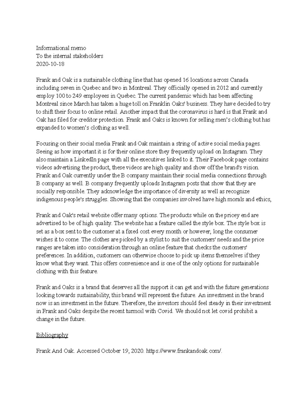 Comm 205 Assignment 1 The Informational Memo Provides An Overview Of